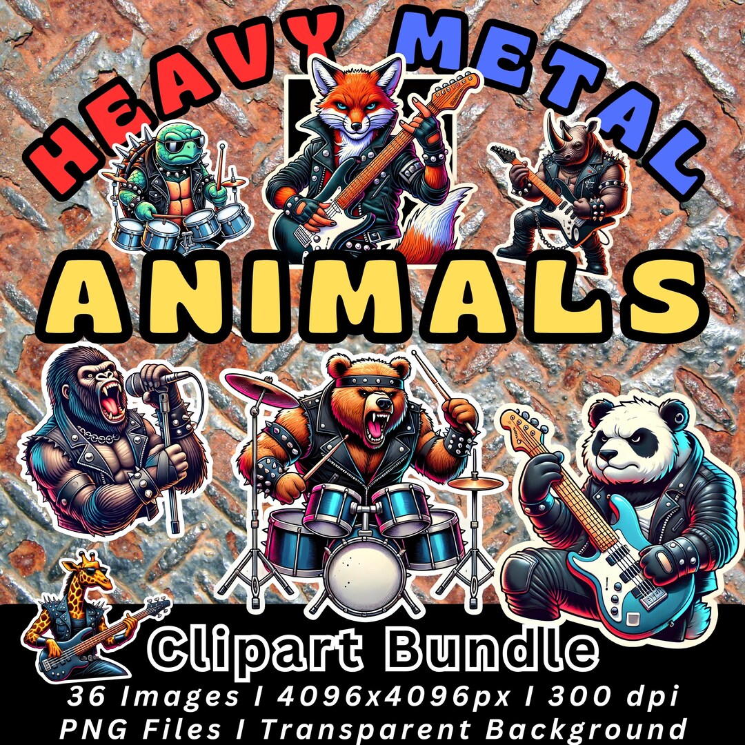 Heavy Metal Animals Clipart Bundle, 36 PNG Sticker Graphics, Guitarist ...