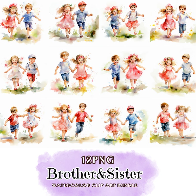 Brother and Sister Watercolor Clipart Bundle Vol.1, 12 Brother and ...