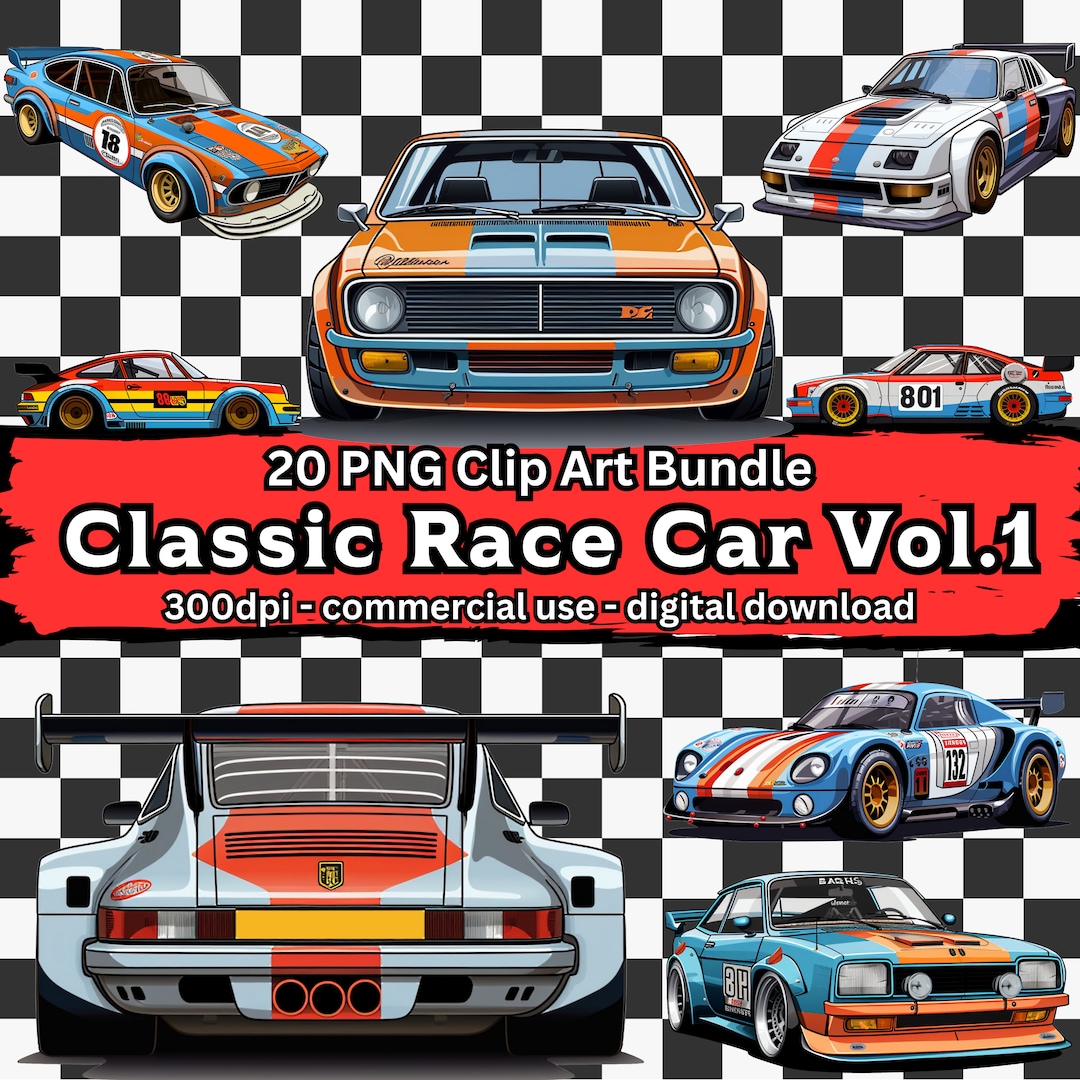 Classic Race Car Clipart Bundle Vol.1, 20 Legendary Race Car Clip Arts ...