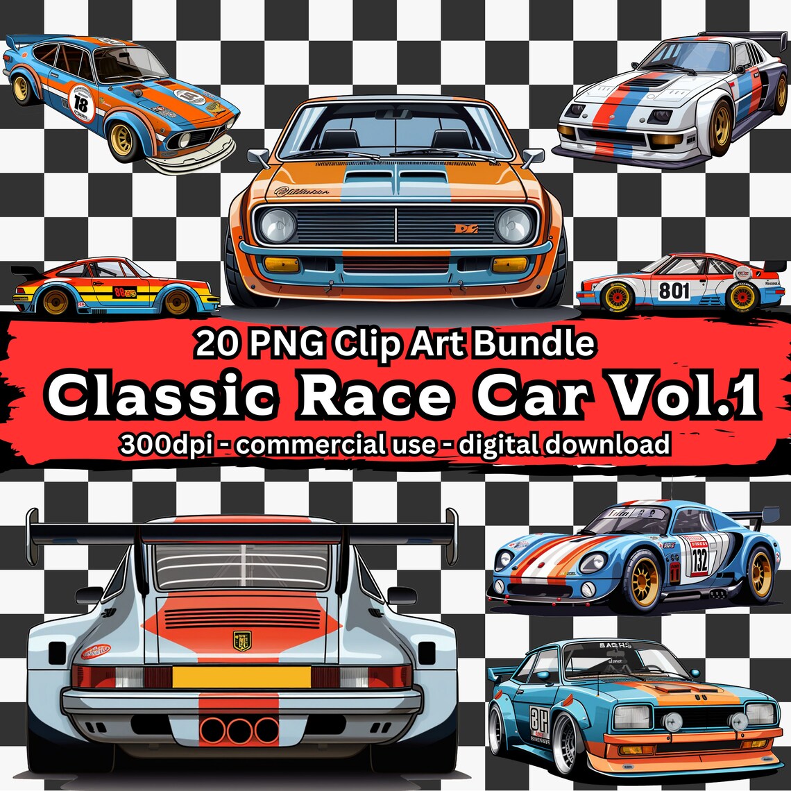 Classic Race Car Clipart Bundle Vol.1, 20 Legendary Race Car Clip Arts ...