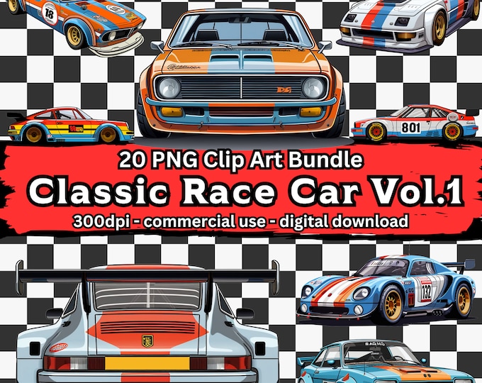 Classic Race Car Clipart Bundle Vol.1, 20 Legendary Race Car Clip Arts ...