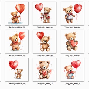 15 Teddy Bear With Heart-balloon Watercolor Clipart Bundle Vol.1 |PNG ...