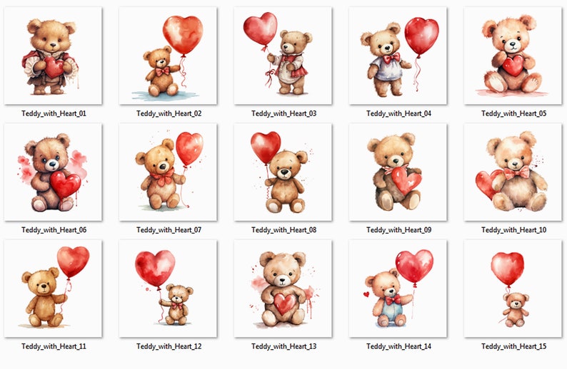 15 Teddy Bear With Heart-balloon Watercolor Clipart Bundle Vol.1 |PNG ...