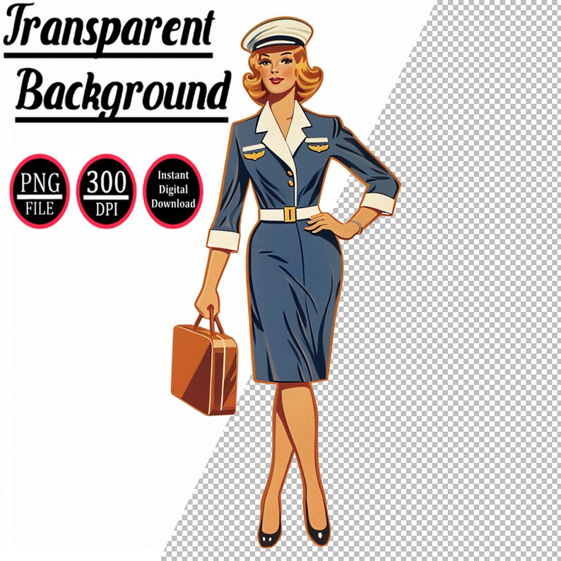 Vintage Stewardess Clipart Bundle Vol.1, Flight Attendant Clip Arts ...