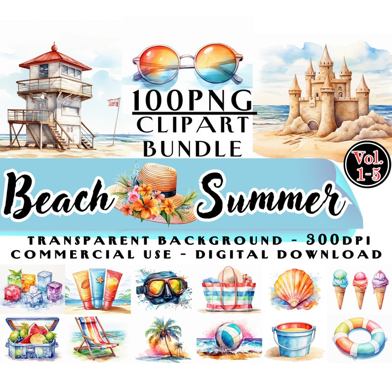 Summer Beach Mega Clipart Bundle Vol.1 Vol.5, 100 Transparent PNG ...
