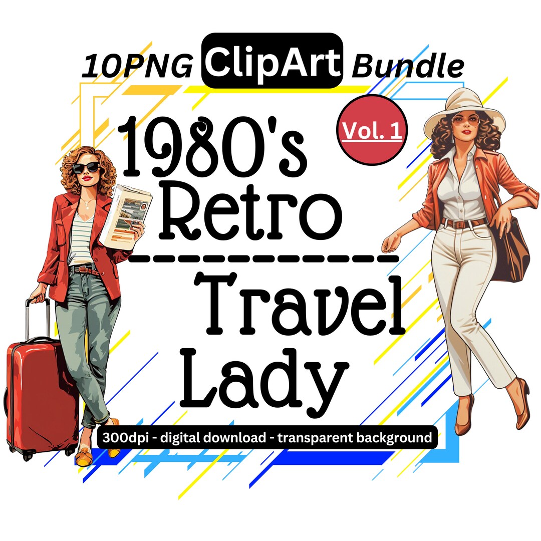1980s Retro - Travel Lady Clipart Bundle Vol.1, Women Travel Clip Arts ...