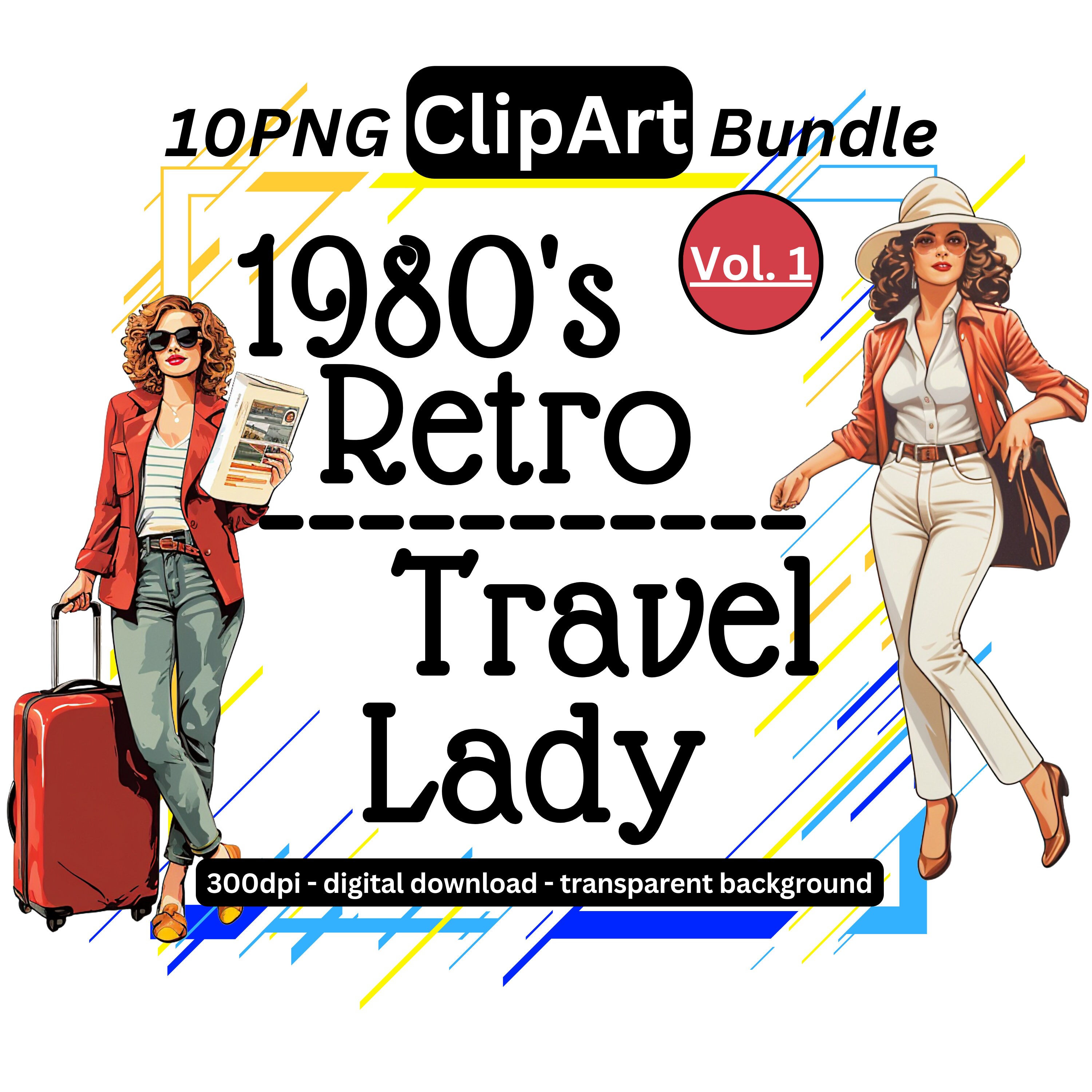 1980s Retro Travel Lady Clipart Bundle Vol.1, Women Travel Clip Arts ...