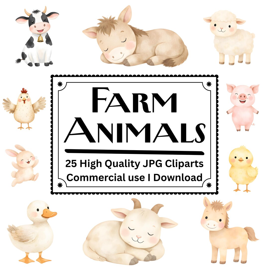 Cute Farm Animals Clipart Bundle – 25 JPG Illustrations – Farm Animals ...