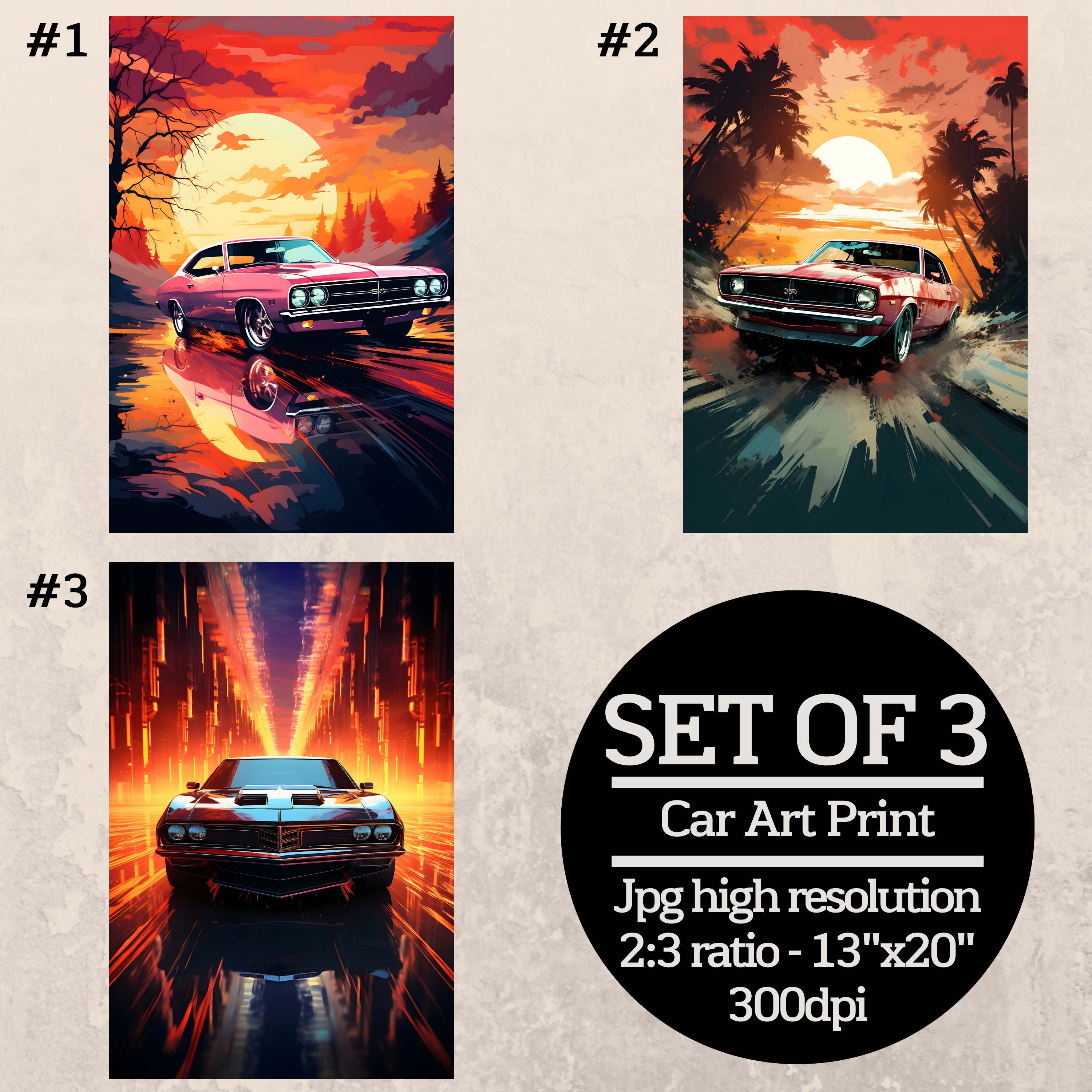 Muscle Car Wall Art Set of 3 Car Art Print Retro Car Art Prints ...