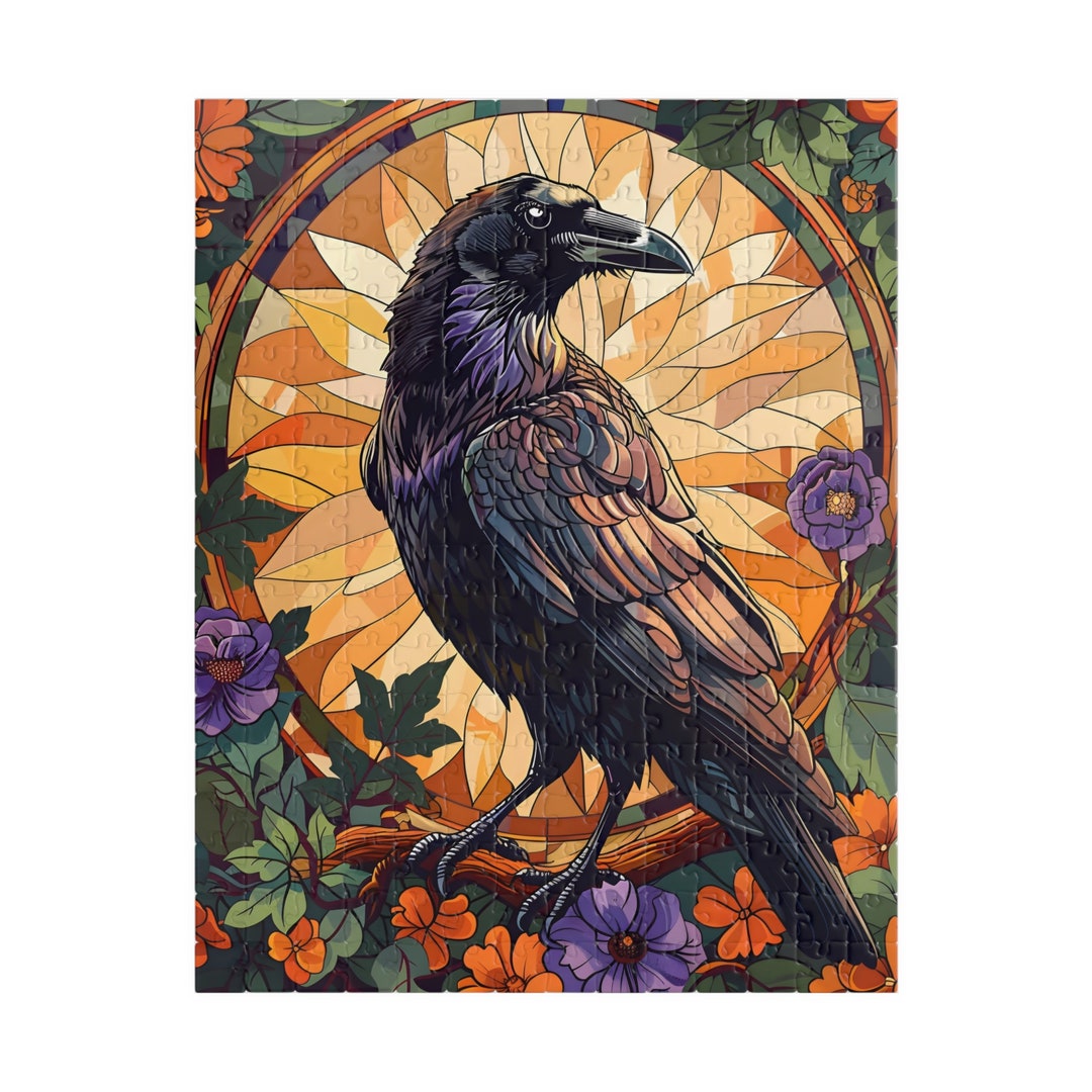 Floral Crow Stained Glass Puzzle Mosaic Crow Puzzle Fun for Adults and ...