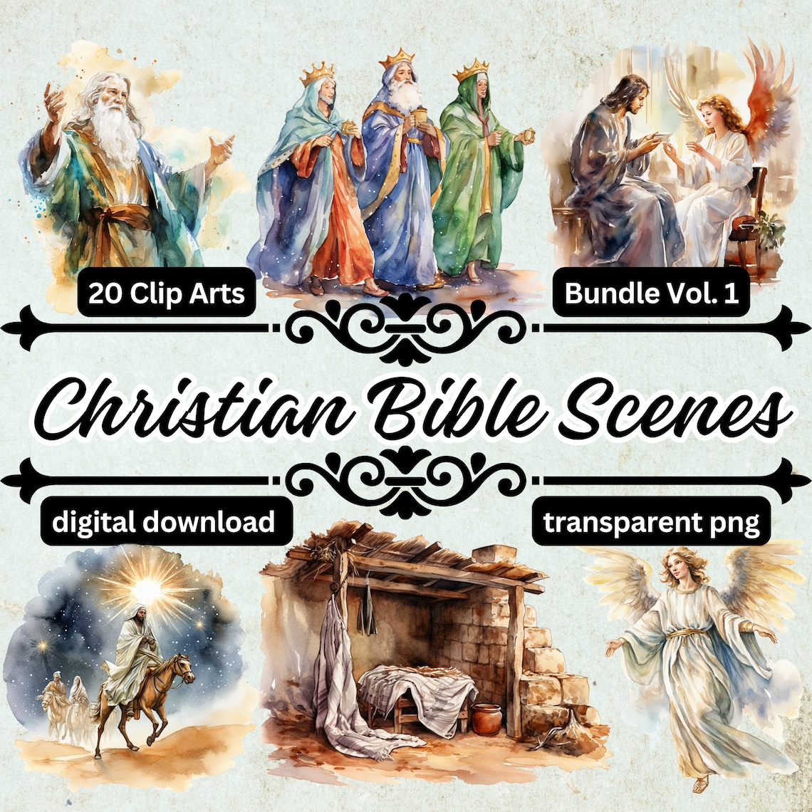 Christian Bible Scenes Clipart Bundle Vol. 1, Watercolor Style ...
