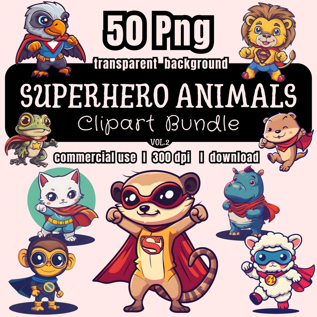 Animal Superhero Clipart Bundle Vol.2, Superhero Animal Clip Arts, 50 ...