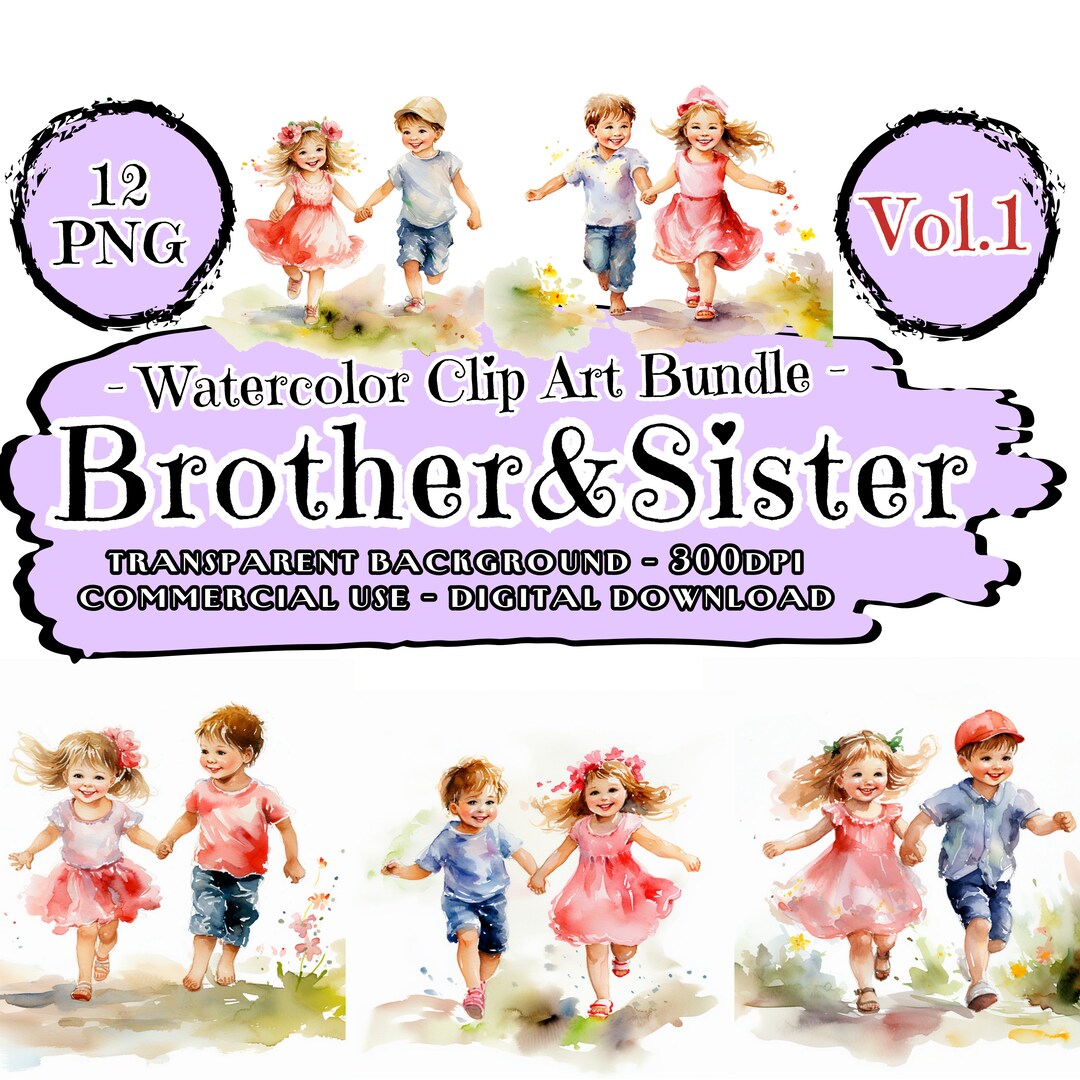 Brother and Sister Watercolor Clipart Bundle Vol.1, 12 Brother and ...