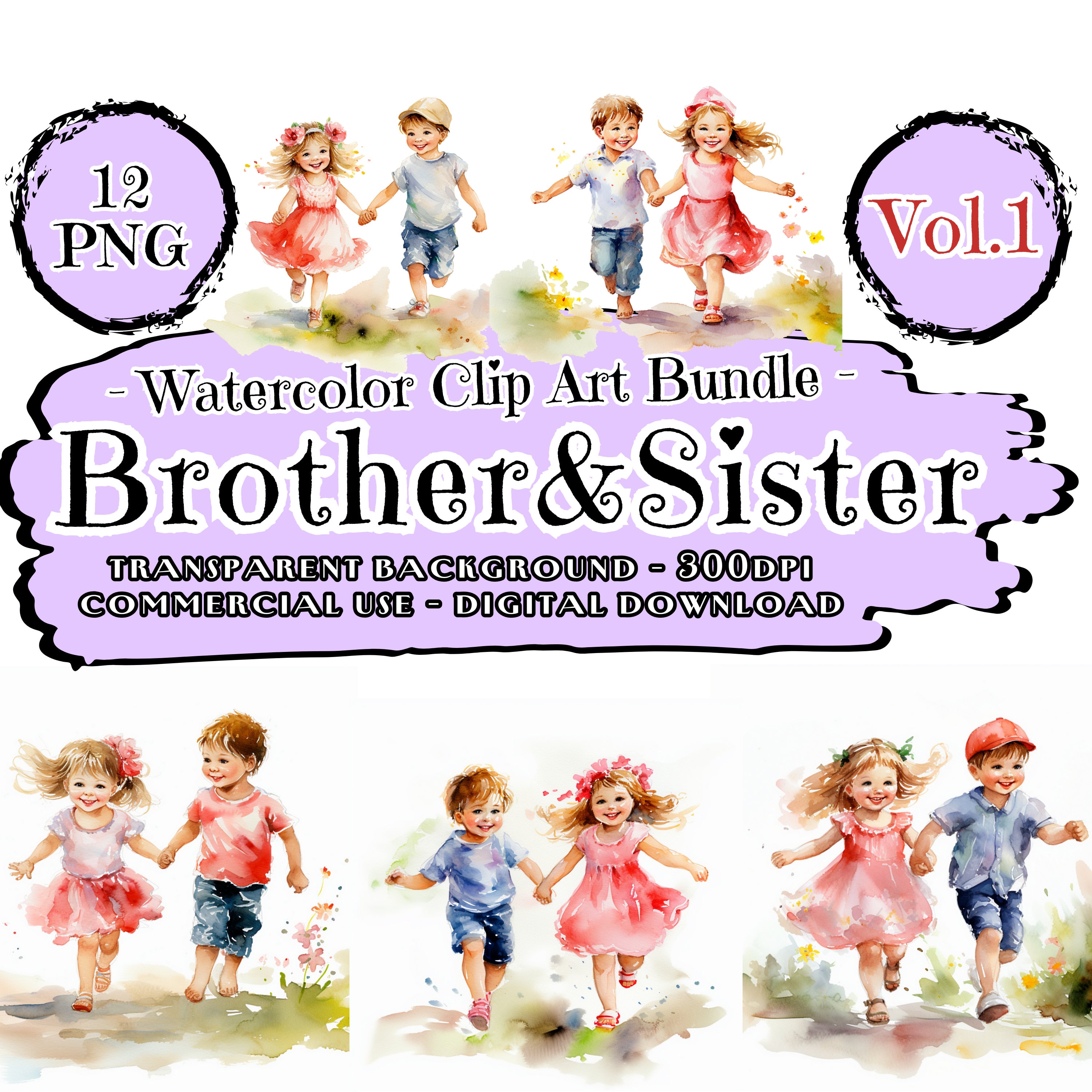 Brother and Sister Watercolor Clipart Bundle Vol.1, 12 Brother and ...