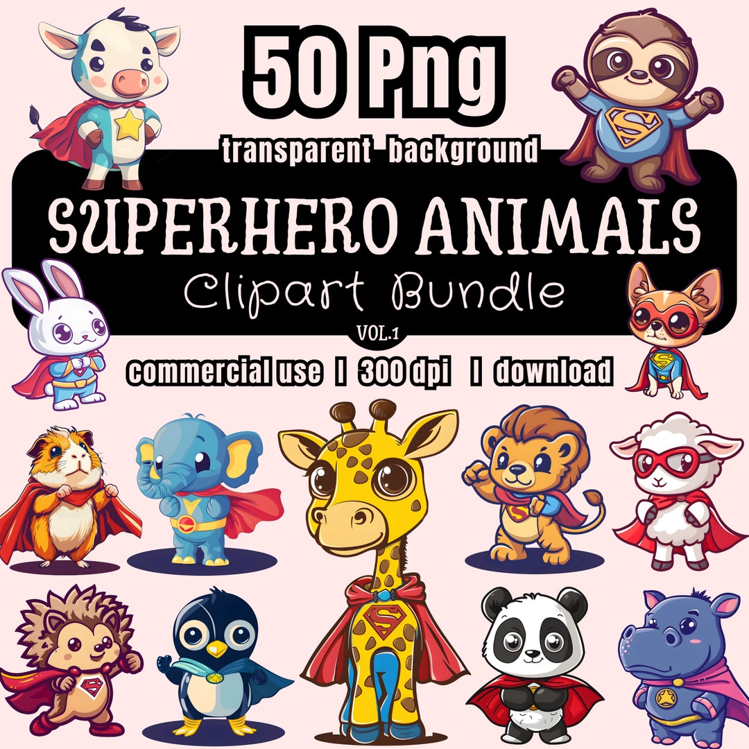 Superhero Animals Clipart Bundle Vol.1, Superhero Animals Clip Arts, 50 ...