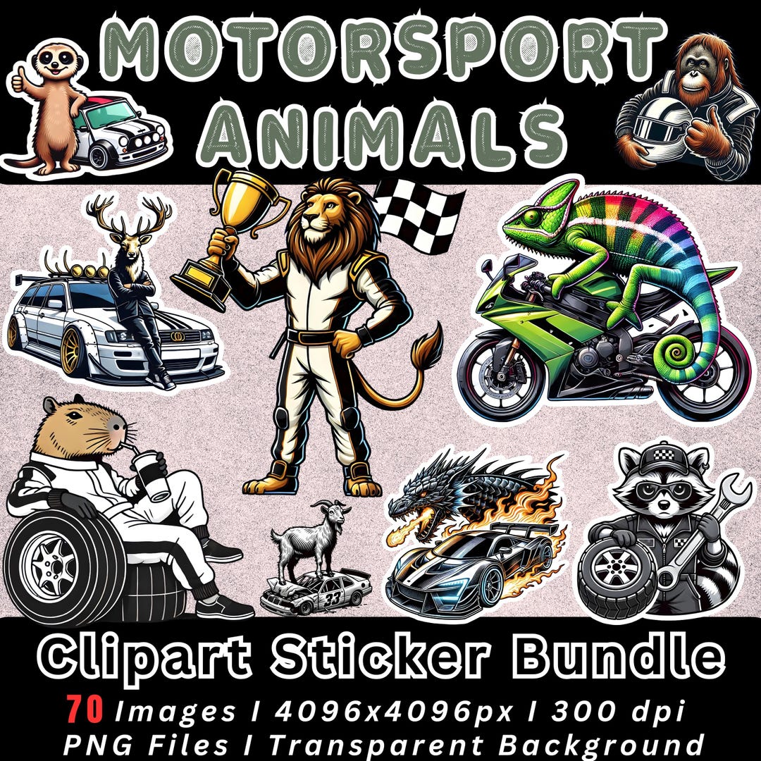 Motorsport Animals Clipart Bundle - 70 PNG Stickers | Racing Animals ...