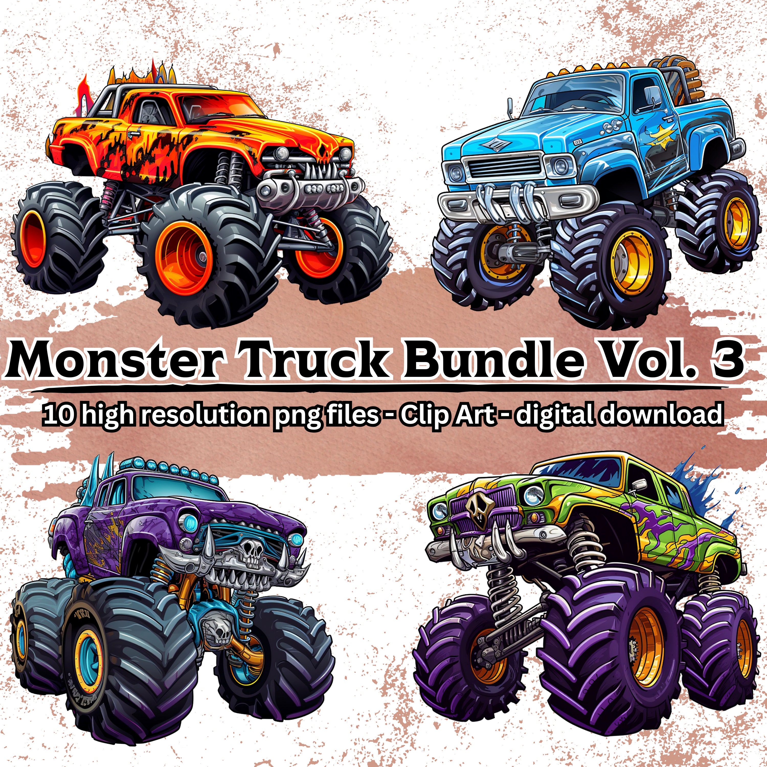 Monster Truck Clipart Bundle Vol. 3, 10 PNG Clip Art Set, Transparent ...