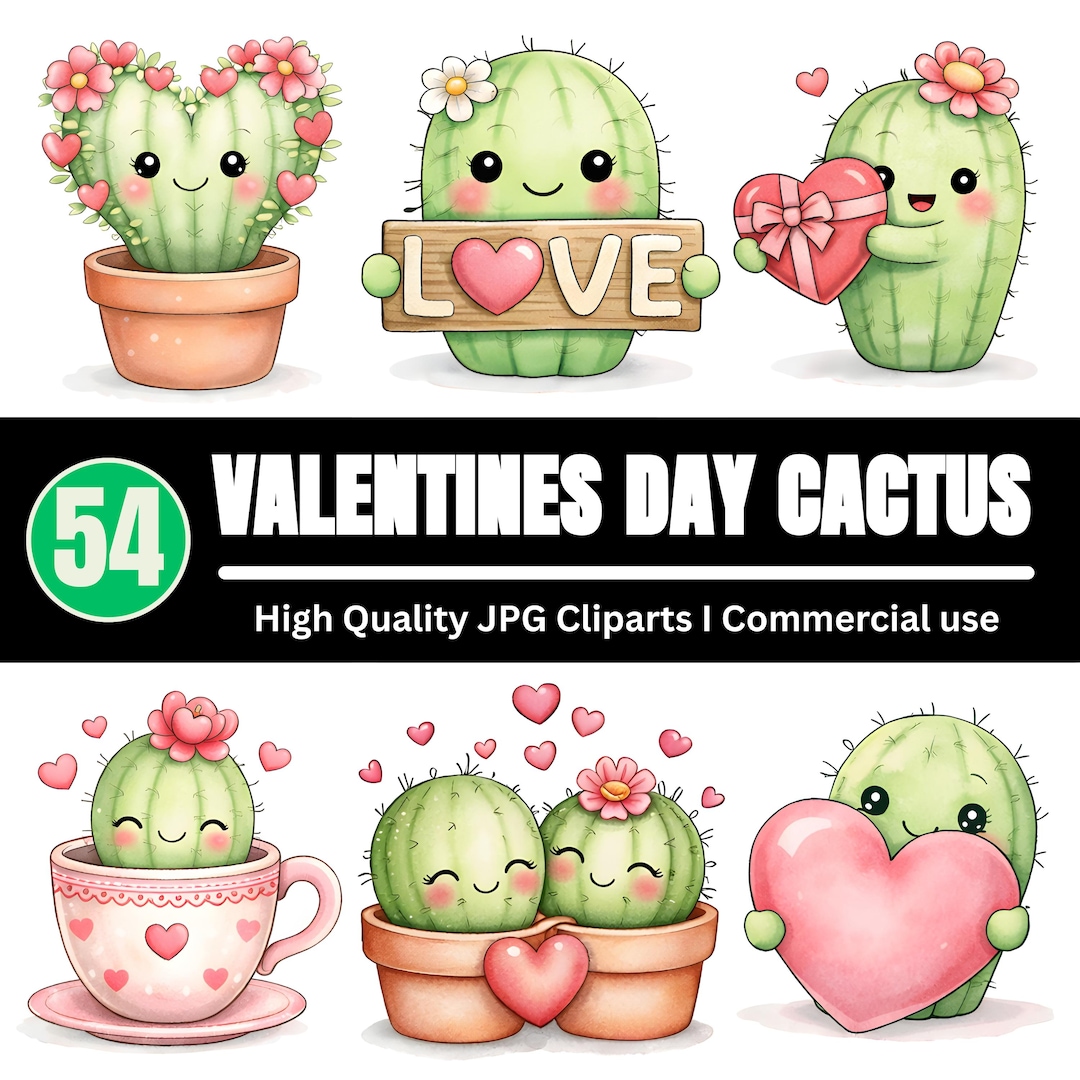 Valentines Day Cactus Clipart Bundle – 54 JPG Graphics | Cute Love ...
