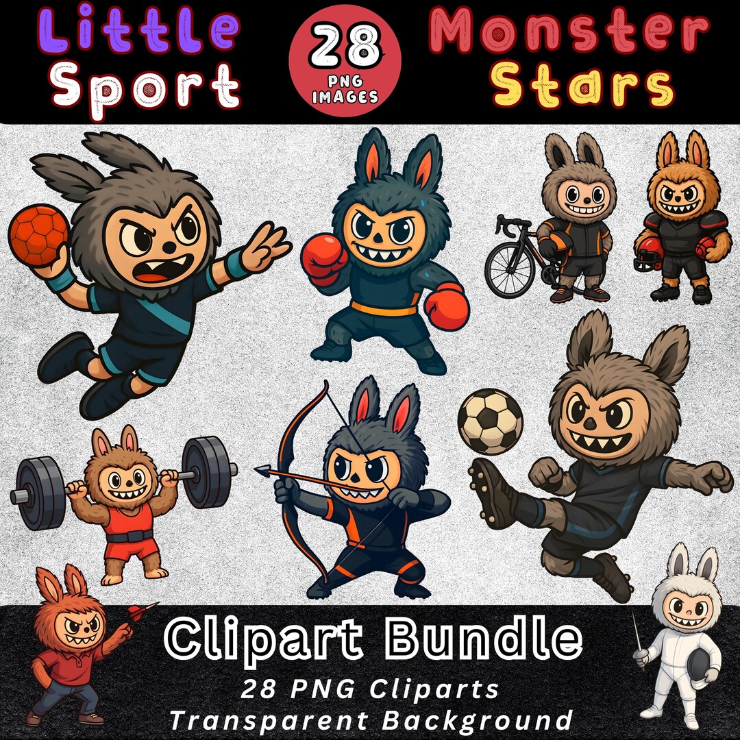 Little Monster Sport Stars Clipart Bundle - 28 PNG Graphics I Cute ...