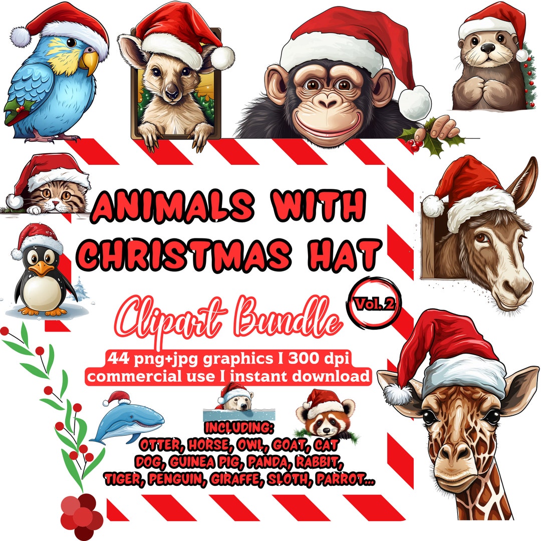 Animals With Christmas Hat Clipart Bundle Vol.2, 44 High-quality ...