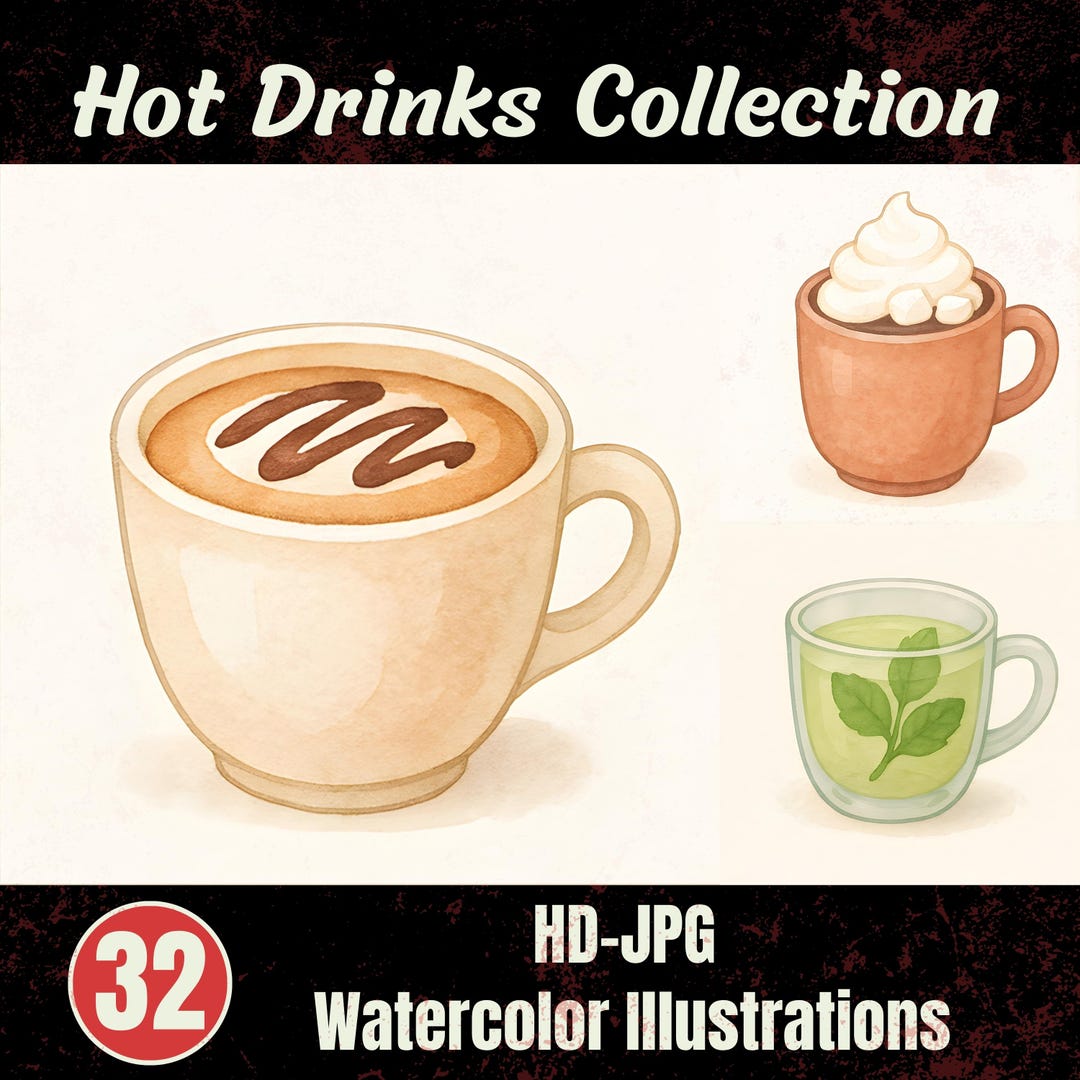 32 Hot Drinks Clipart Bundle - Watercolor Illustrations | Coffee, Tea ...