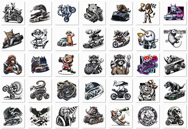 Motorsport Animals Clipart Bundle - 70 PNG Stickers | Racing Animals ...