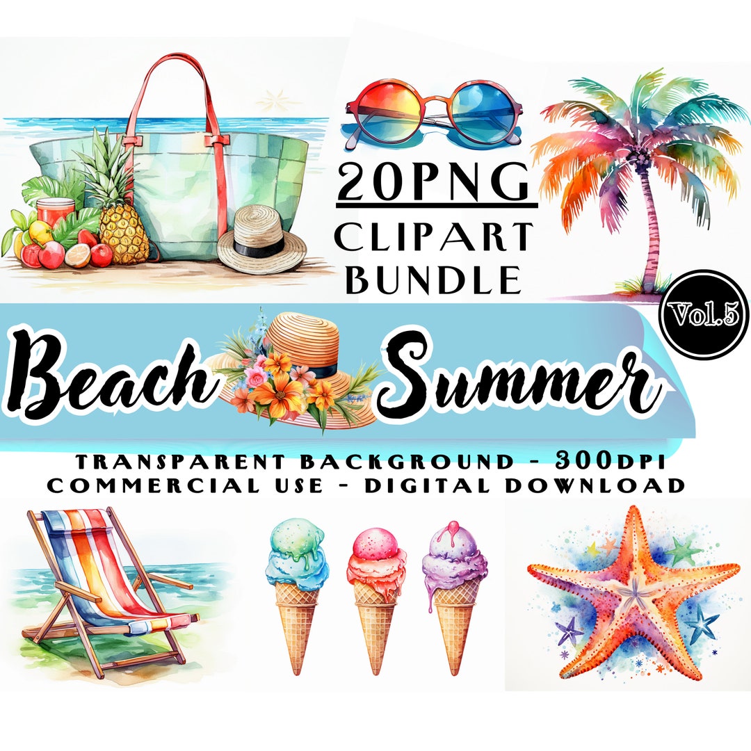 Summer Beach Clipart Bundle Vol. 5, Summer Vacation Beach Watercolor ...