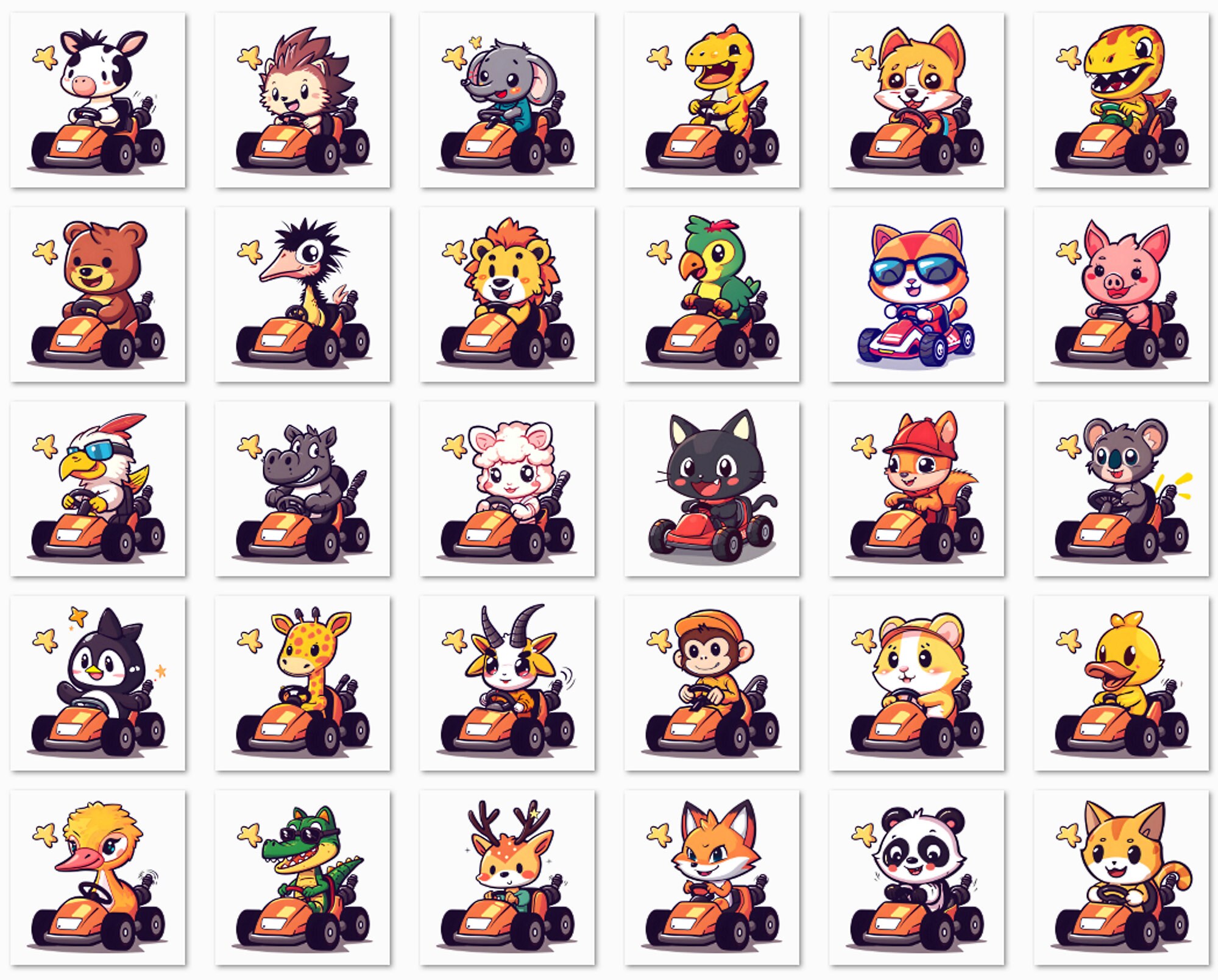 Animal Karting Clipart Bundle Vol.1, Go-kart Animal Clip Arts, 30 ...