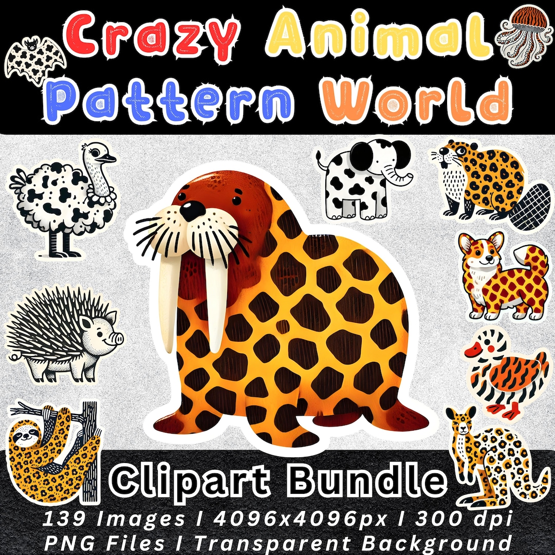 Crazy Animal Pattern World - Clipart Sticker Bundle | 139 PNG ...