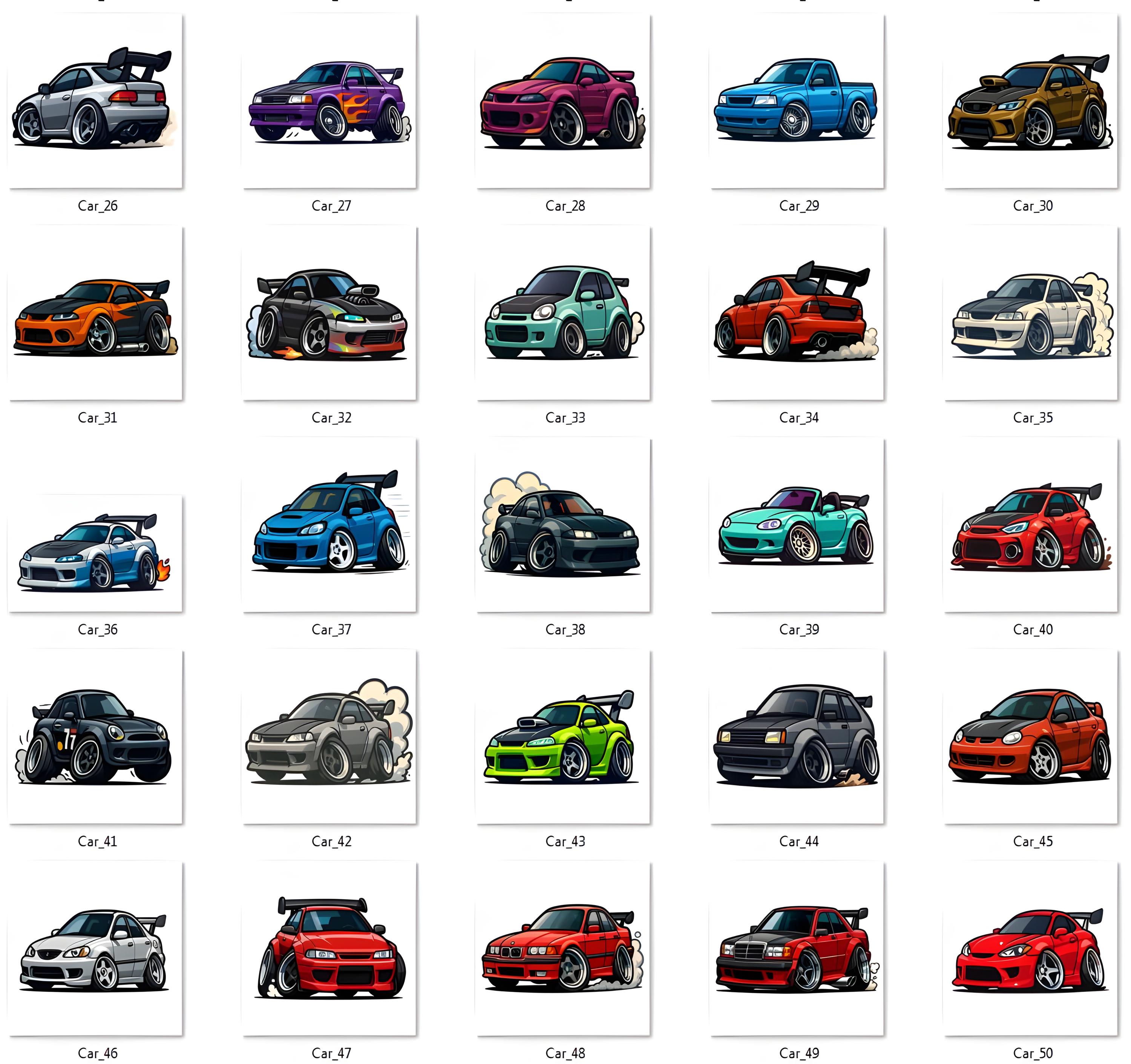 50 Cartoon Tuning Cars Clipart Bundle – PNG Racing Car Stickers ...