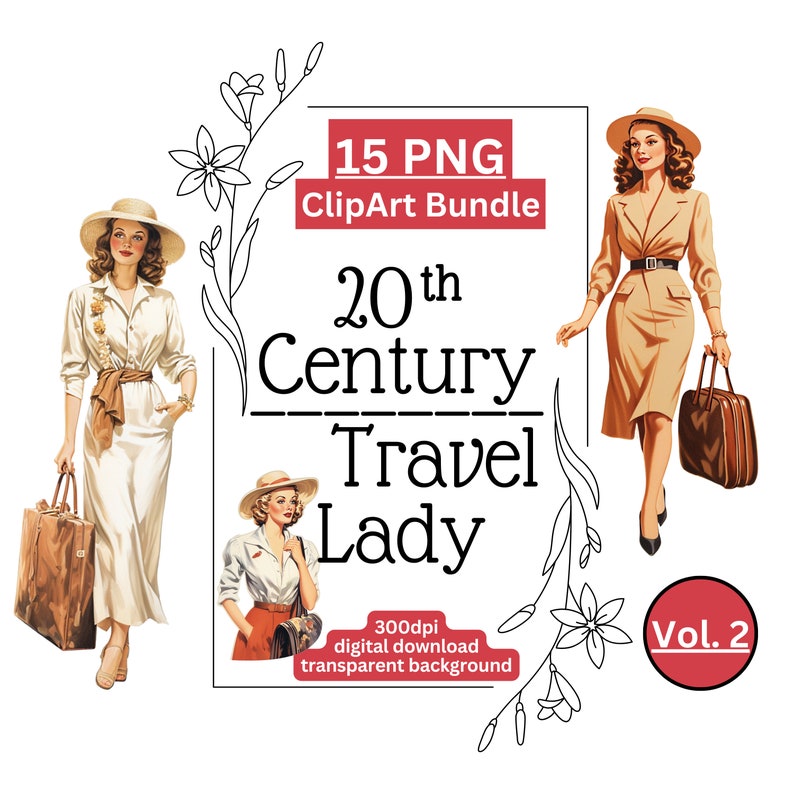 20th Century-travel Lady Clipart Bundle Vol.2, Vintage Travel Ladies ...