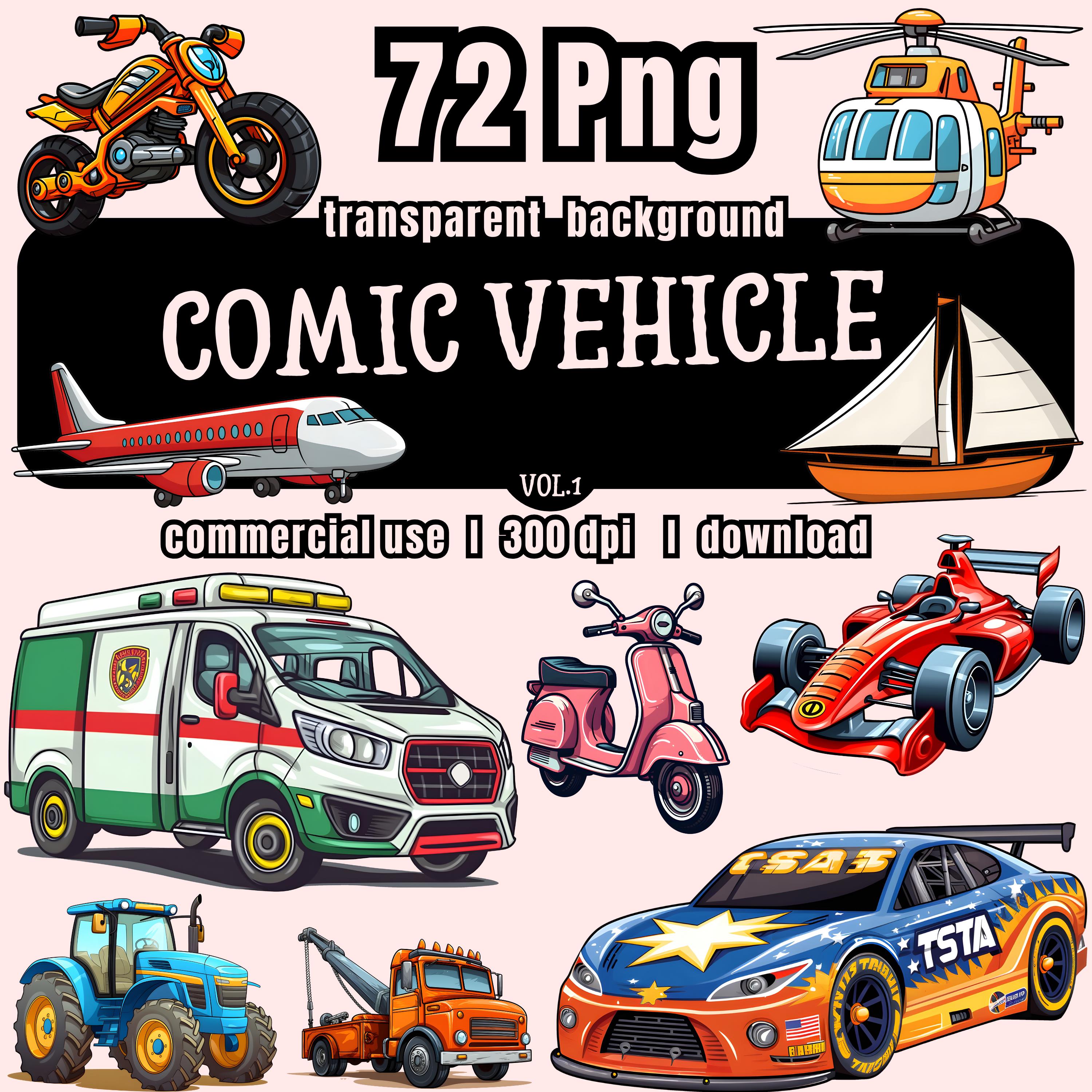72 Comic Vehicle Cliparts, Assorted Vehicle Cliparts, Transparent PNG ...