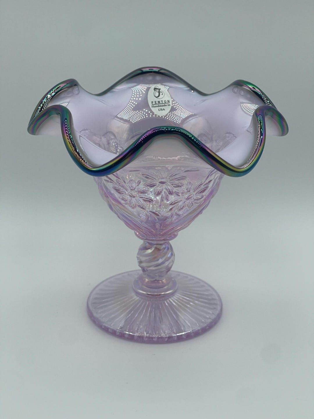 Fenton Pink Iridescent Compote Carnival Crest With Black Ruffle - Etsy