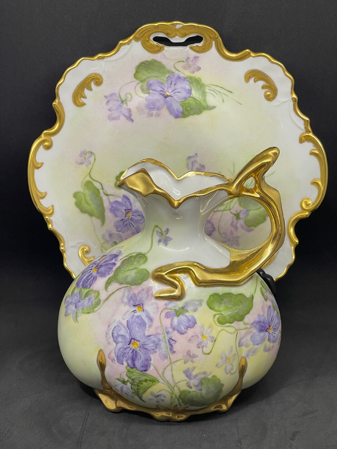 Vintage Hand Painted Violet Floral Round Plate With Pitcher With Gold ...