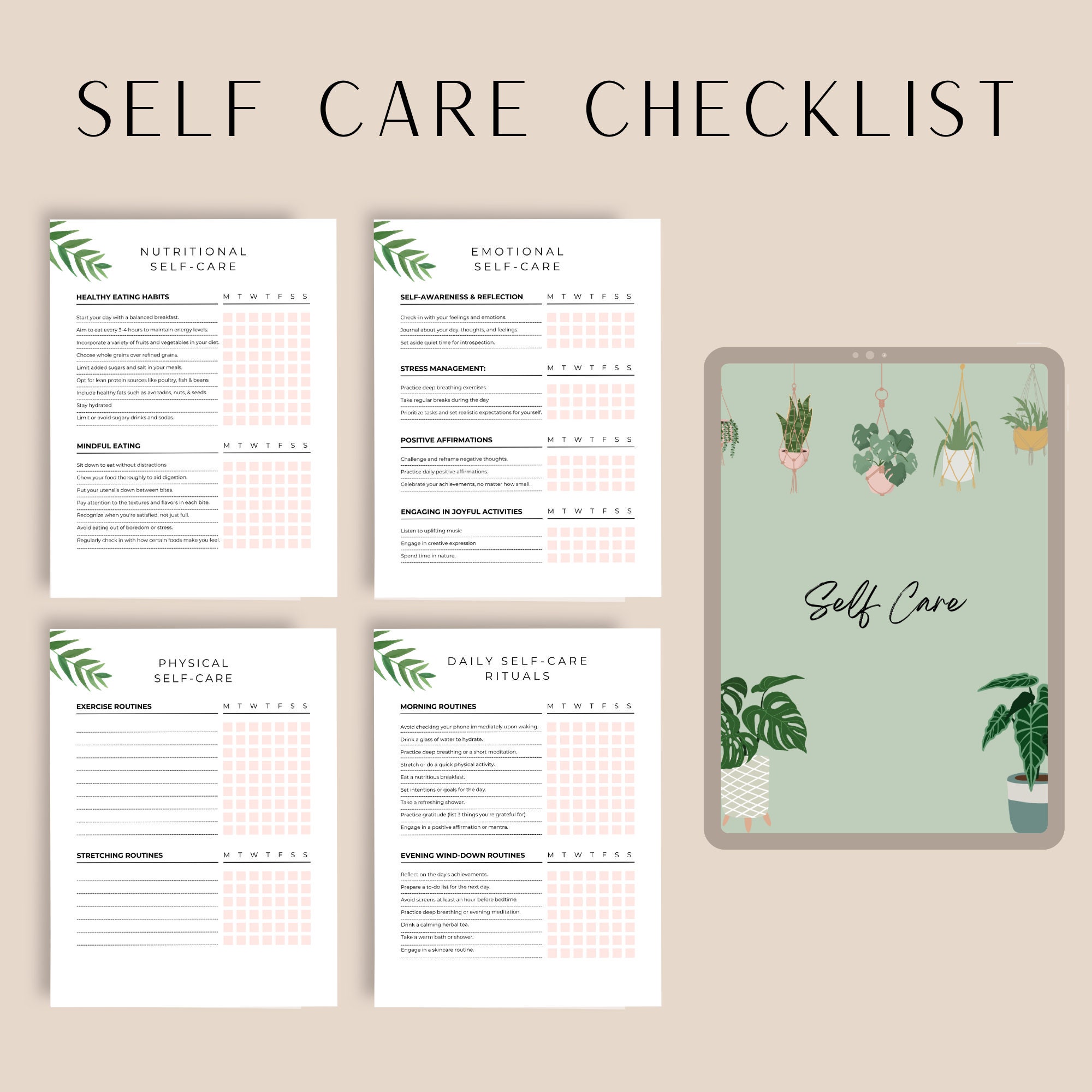 Self Care Checklist | Digital | Self Care Journal | Plants | Digital ...
