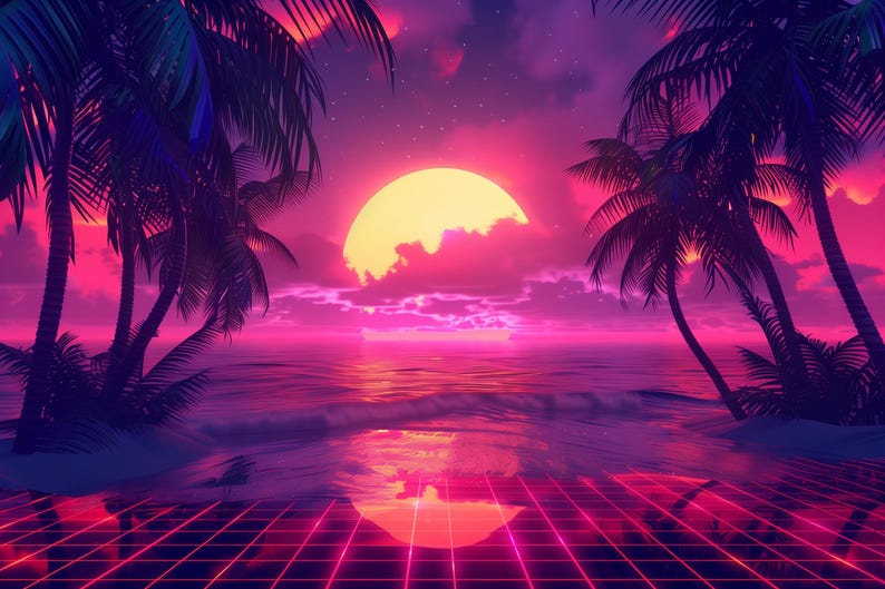 Neon Grid Boardwalk, Synthwave Sunset, Vaporwave Art, Wall Art, Retro ...