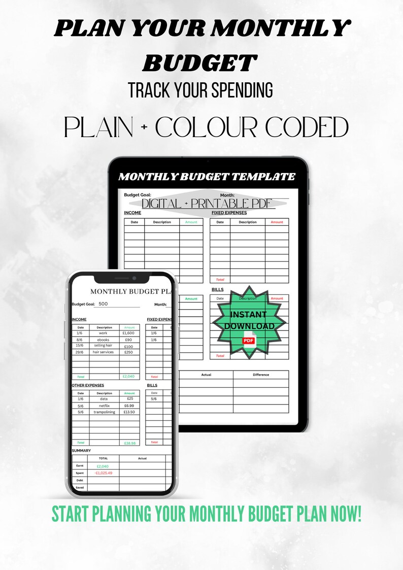 Digital + Printable Monthly Budget Planner (COLOUR CODED) - Etsy