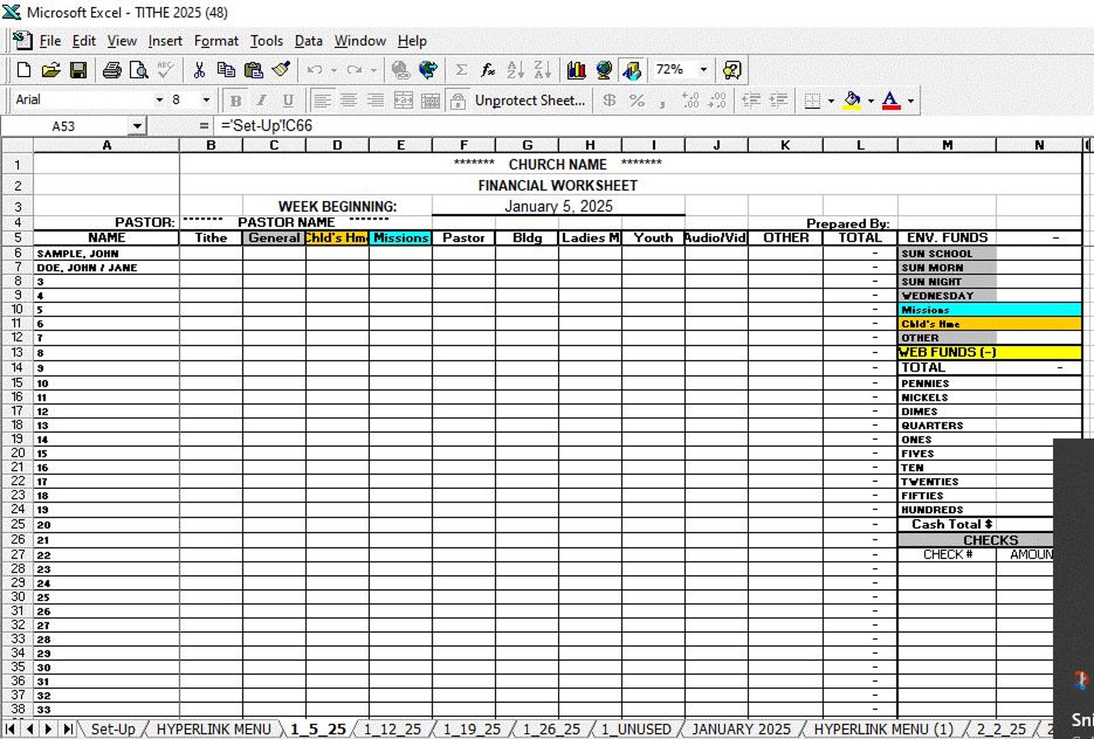 2025 Tithe Spreadsheet. SIMPLE, to the Point, Input Tithe Donations, Offerings, Bills, Year-end ...