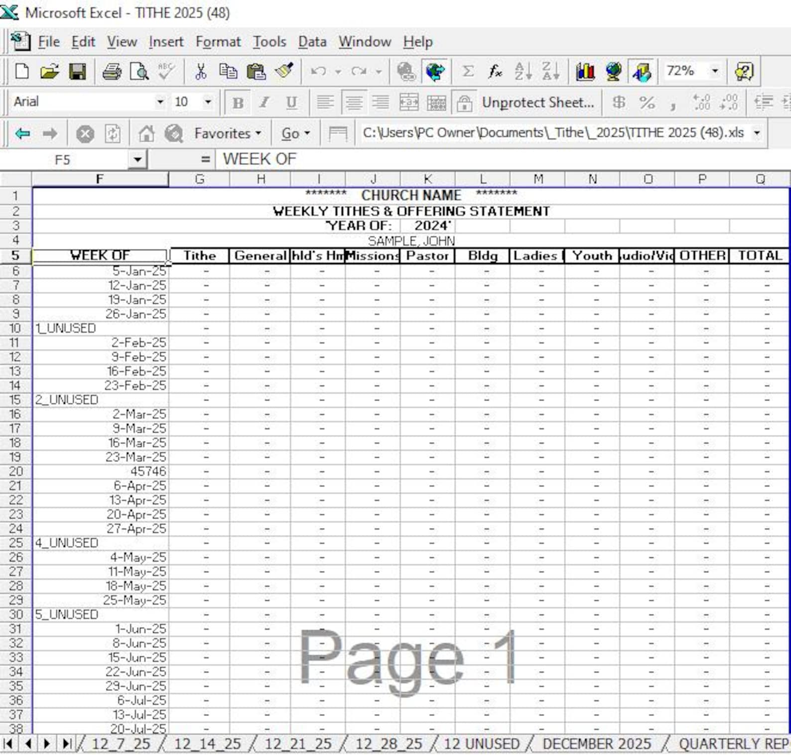 2025 Tithe Spreadsheet. SIMPLE, to the Point, Input Tithe Donations, Offerings, Bills, Year-end ...