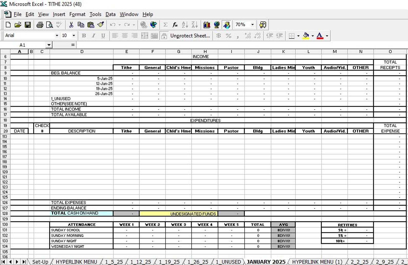 2025 Tithe Spreadsheet. SIMPLE, to the Point, Input Tithe Donations, Offerings, Bills, Year-end ...