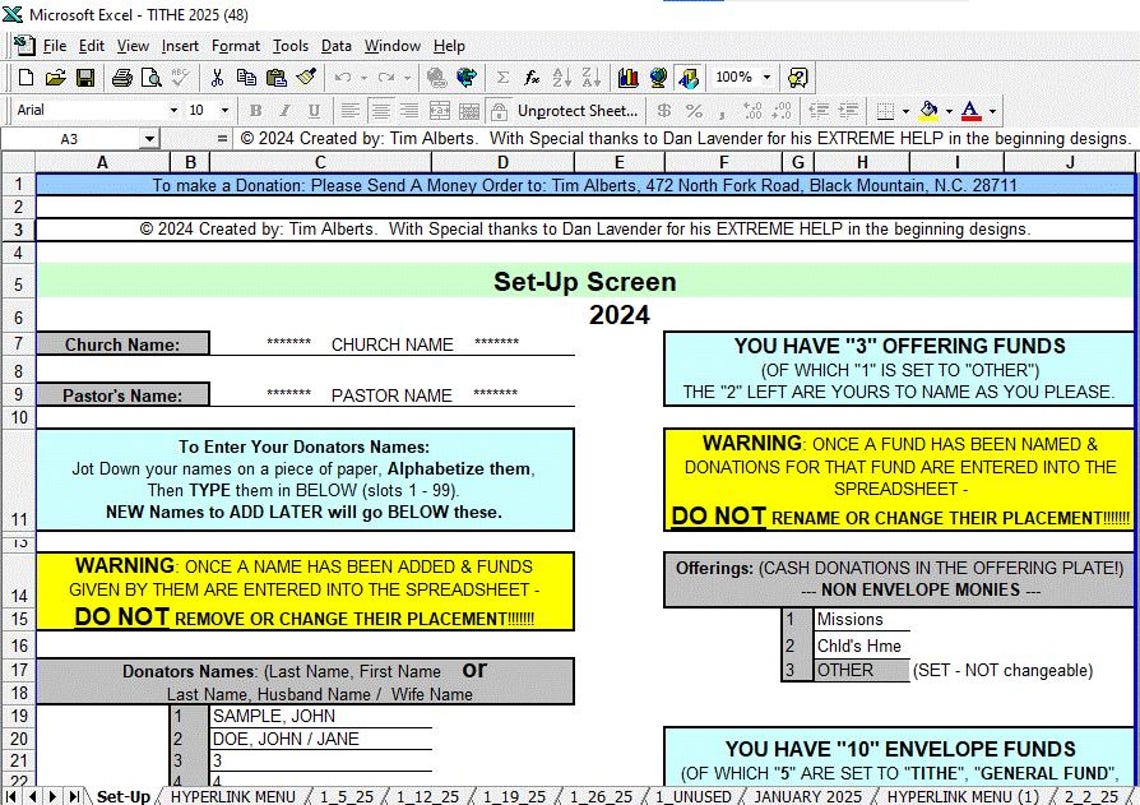 2025 Tithe Spreadsheet. SIMPLE, to the Point, Input Tithe Donations, Offerings, Bills, Year-end ...