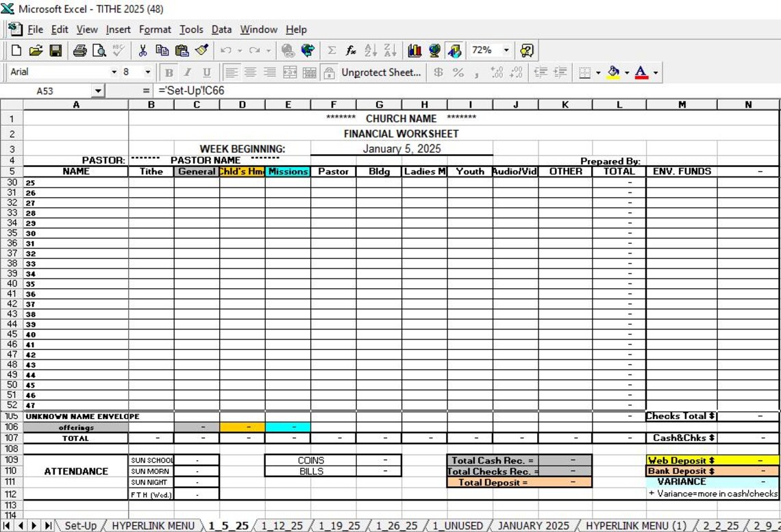 2025 Tithe Spreadsheet. SIMPLE, to the Point, Input Tithe Donations, Offerings, Bills, Year-end ...