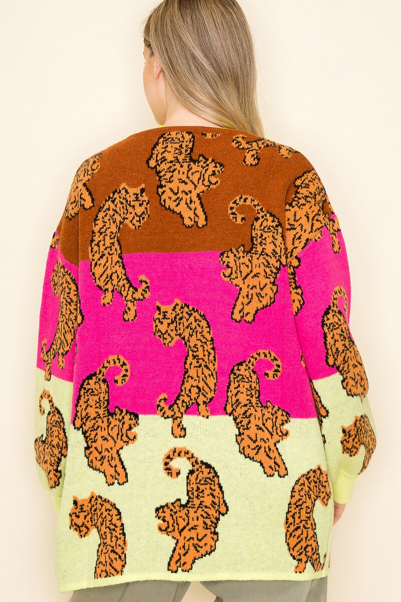 TIGER COLORBLOCK CARDIGAN / Wild Fierce Tiger Pattern Jacquard ...