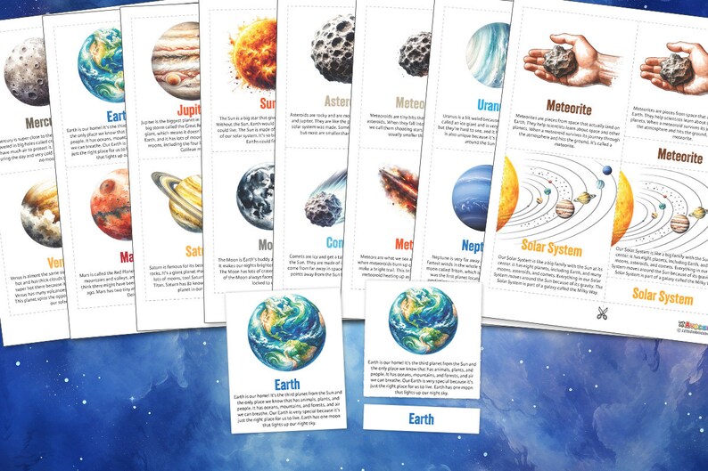 SOLAR SYSTEM and PLANETS Flash Cards, Sun, Moon, Planets, Comets, Solar ...