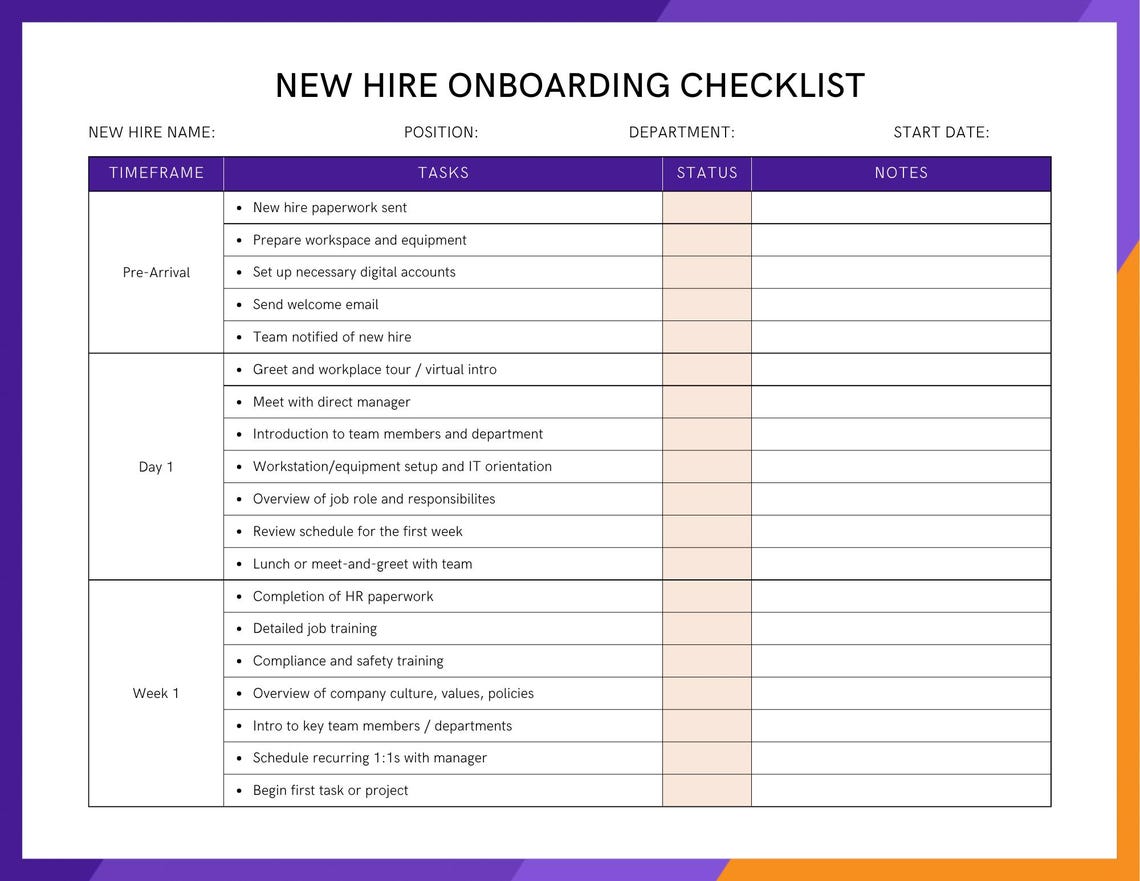 New Hire Onboarding Checklist | Printable HR Template for Employee ...