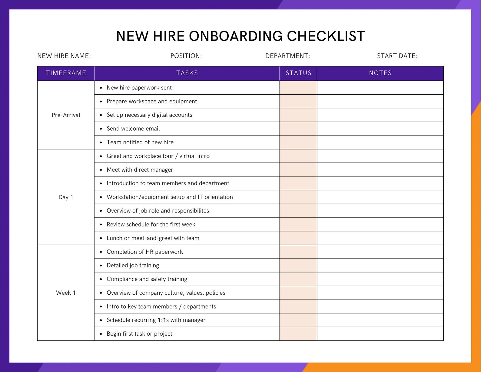 New Hire Onboarding Checklist | Printable HR Template for Employee ...