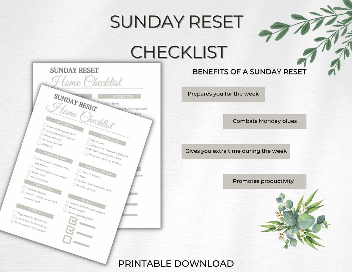 Sunday Reset Checklist Printable - Etsy