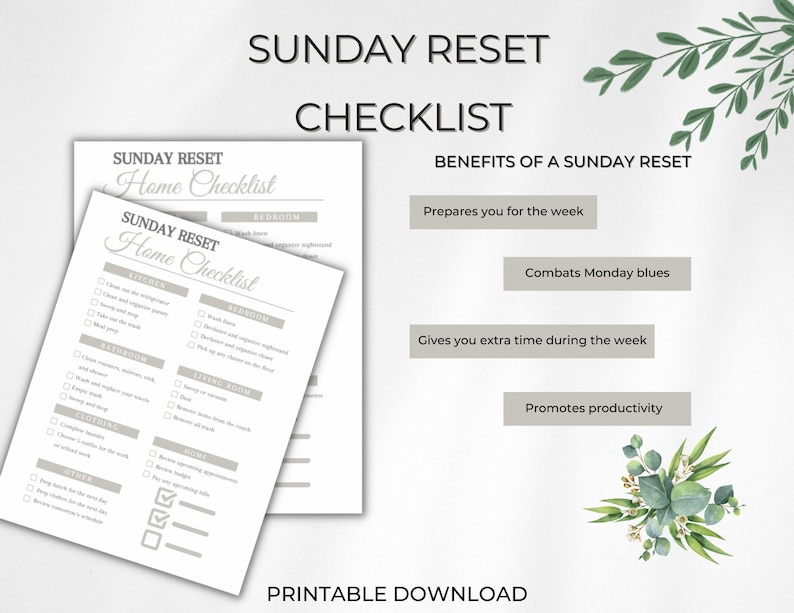 Sunday Reset Checklist Printable - Etsy