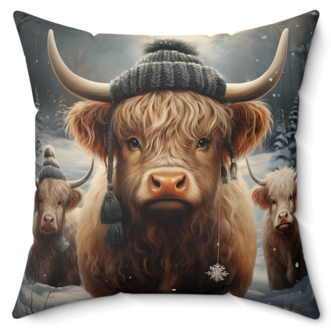 Highland Cow Pillow, Whimsical Christmas Pillow, Boho Christmas Pillow ...