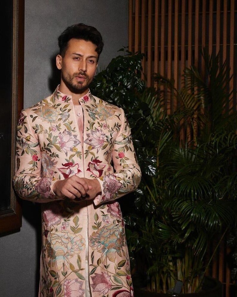 Peach Silk Sherwani – Multi-color Thread Embroidery, Bollywood Style ...